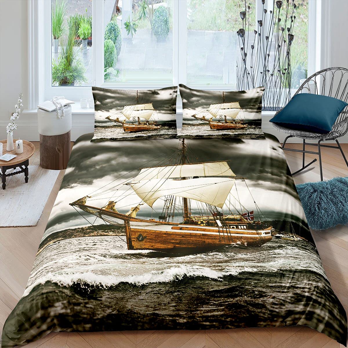 Sailing Ship Ocean Wave Nautical Duvet Cover for Kids Boys Cartoon ...