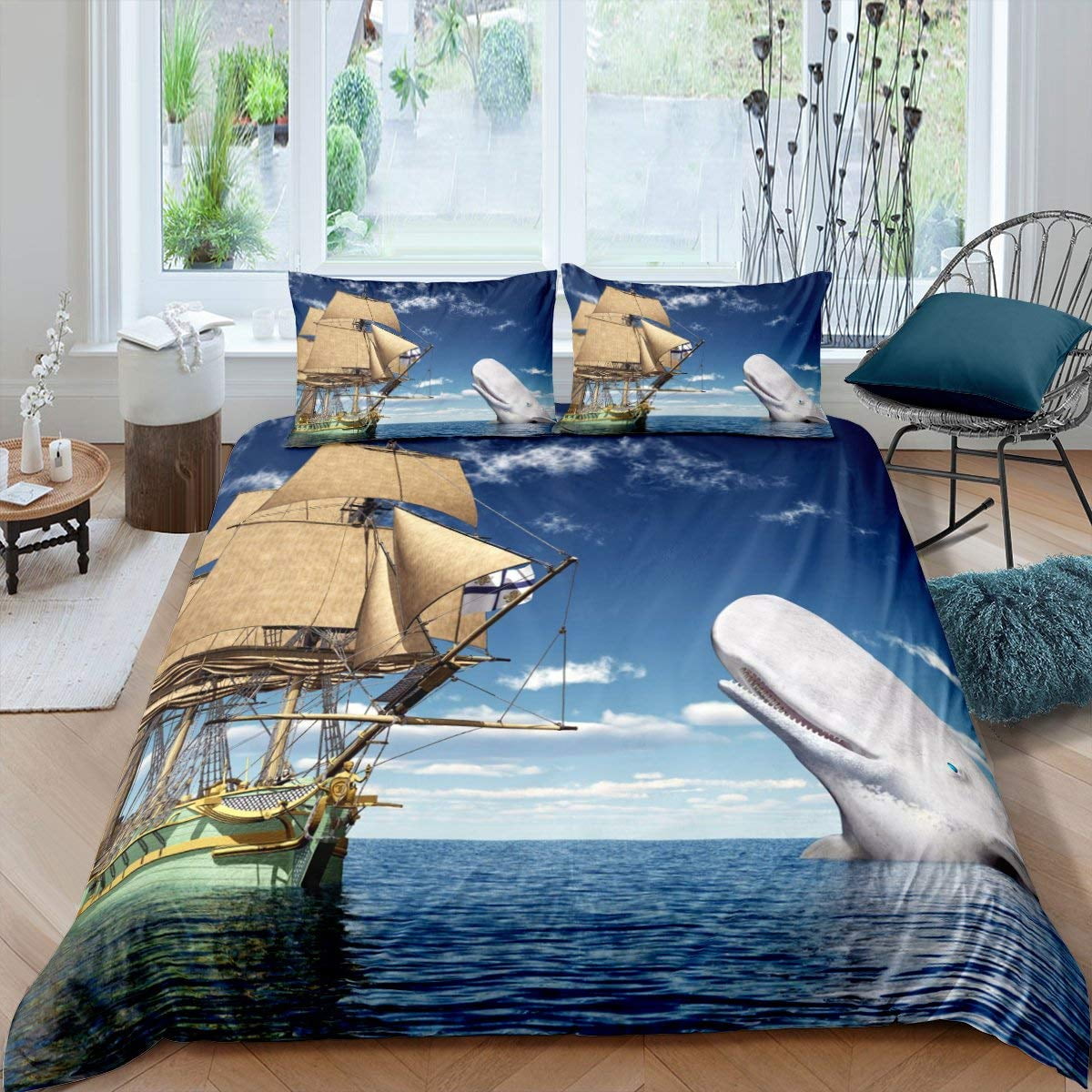 Sailing Ship Ocean Wave Nautical Duvet Cover for Kids Boys Cartoon ...