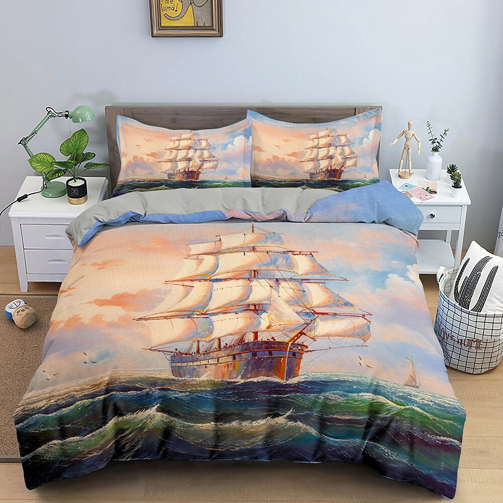 Sailing Ship Ocean Wave Nautical Duvet Cover for Kids Boys Cartoon ...