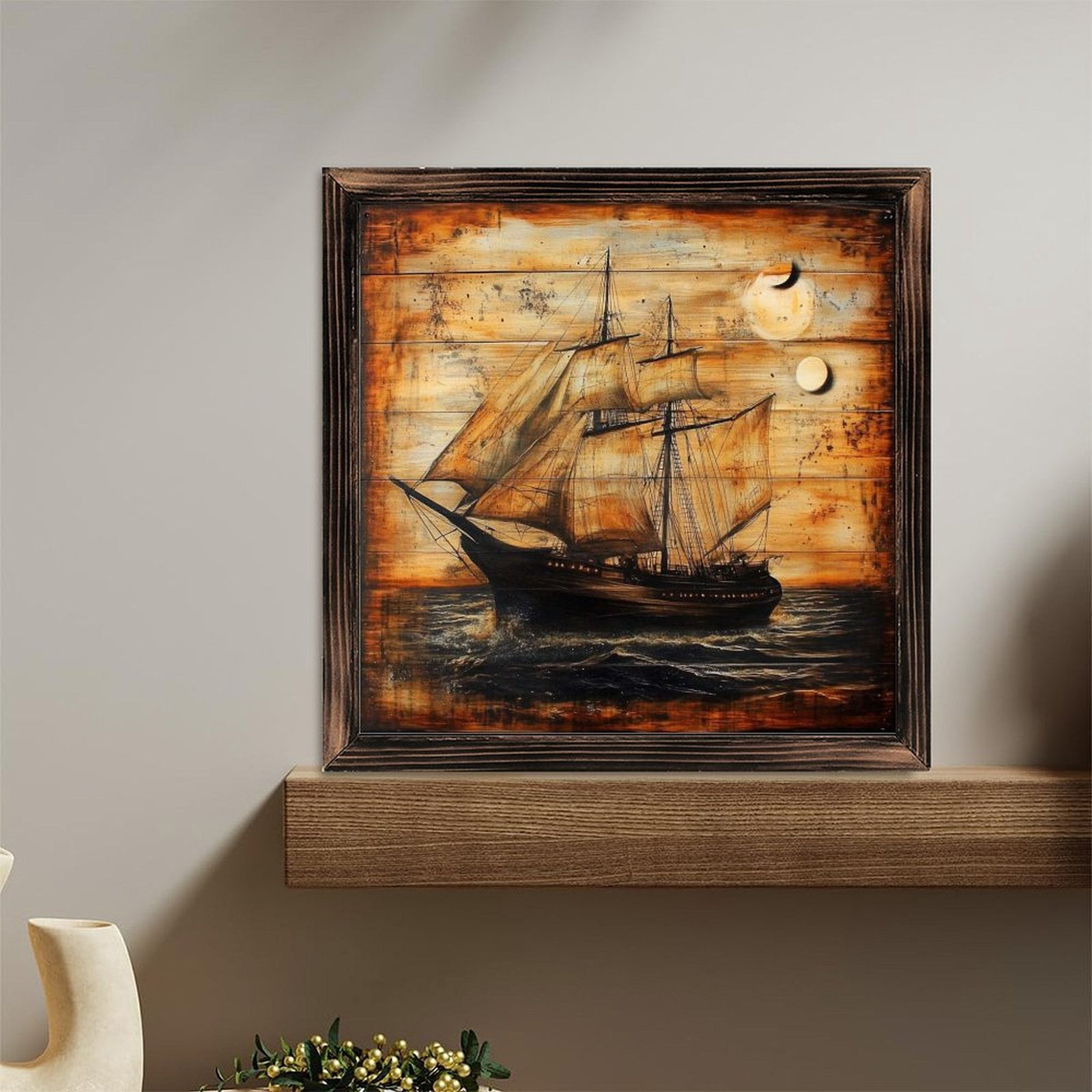 Sailing Ship On The Ocean Wooden Sign Wall Plaque - Vintage Art ...