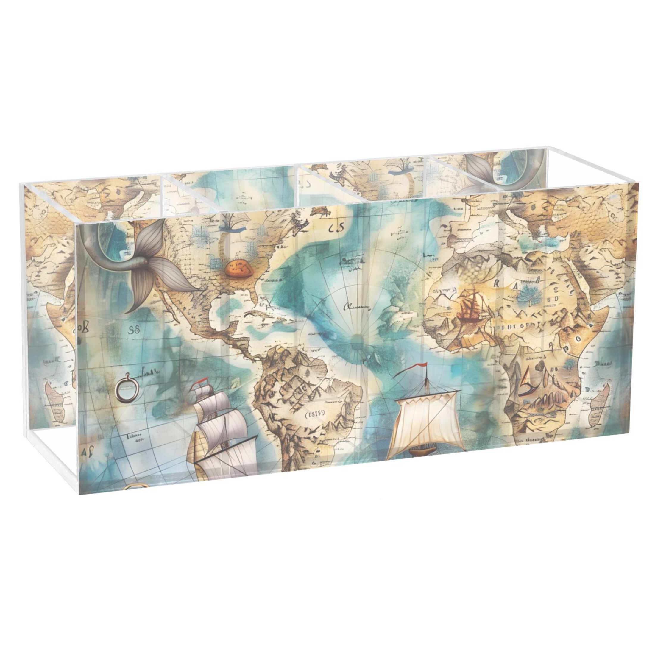 Sailing Ship and Nautical Chart Acrylic Pen Holder 4 Compartments Clear ...