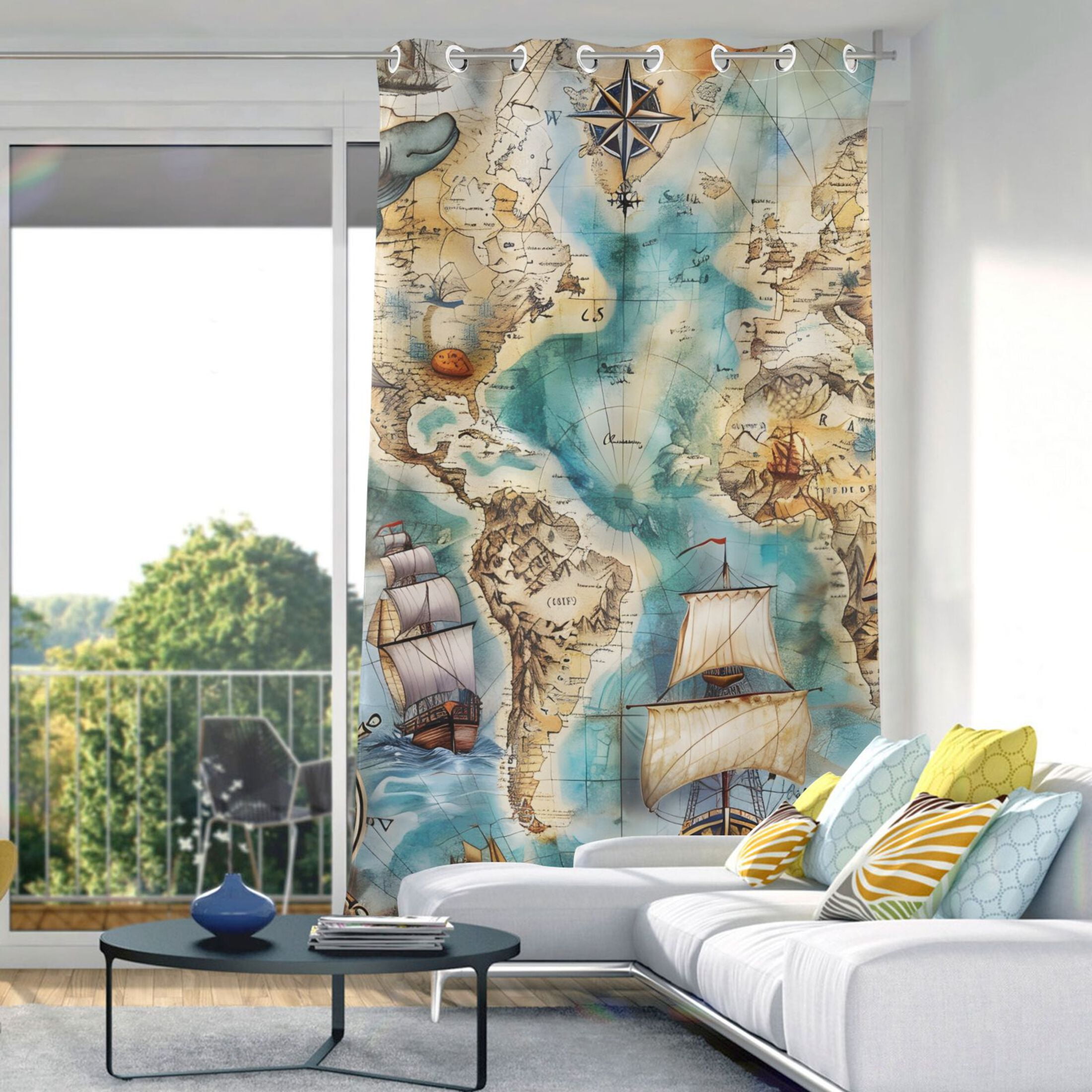 Sailing Ship and Nautical Chart Blackout Curtains W82 x L52 1 Panel Window Curtain for Bedroom ...