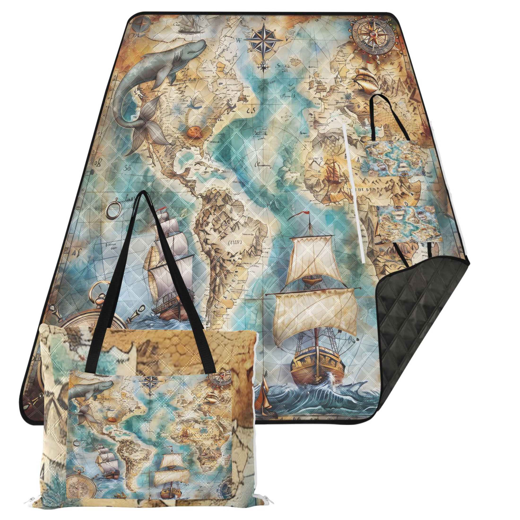 Sailing Ship and Nautical Chart Extra Large Picnic Beach Blanket ...