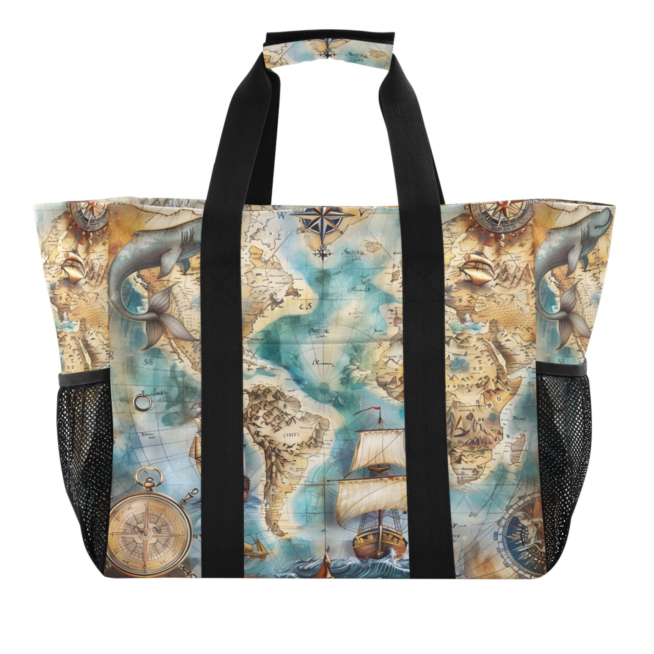 Sailing Ship and Nautical Chart Reusable Grocery Bags with Handle Side ...
