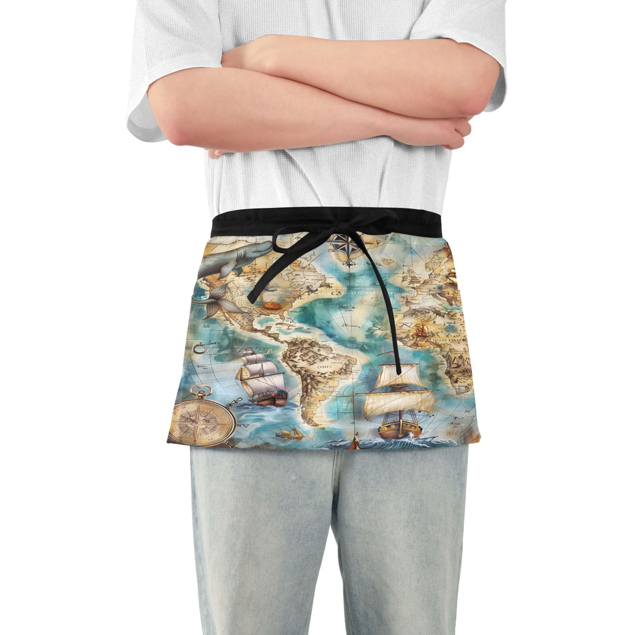 Sailing Ship and Nautical Chart Server Apron with 3 Pockets Waterproof ...