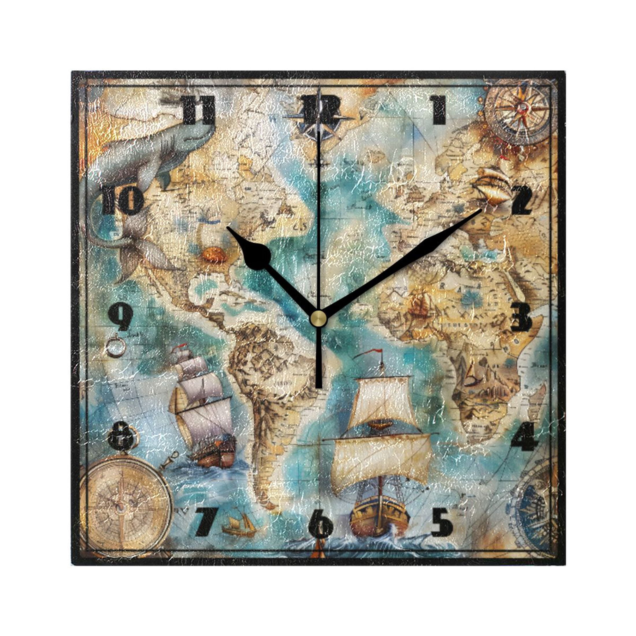 Sailing Ship and Nautical Chart Wall Clock 7.78" Non-Ticking Silent ...