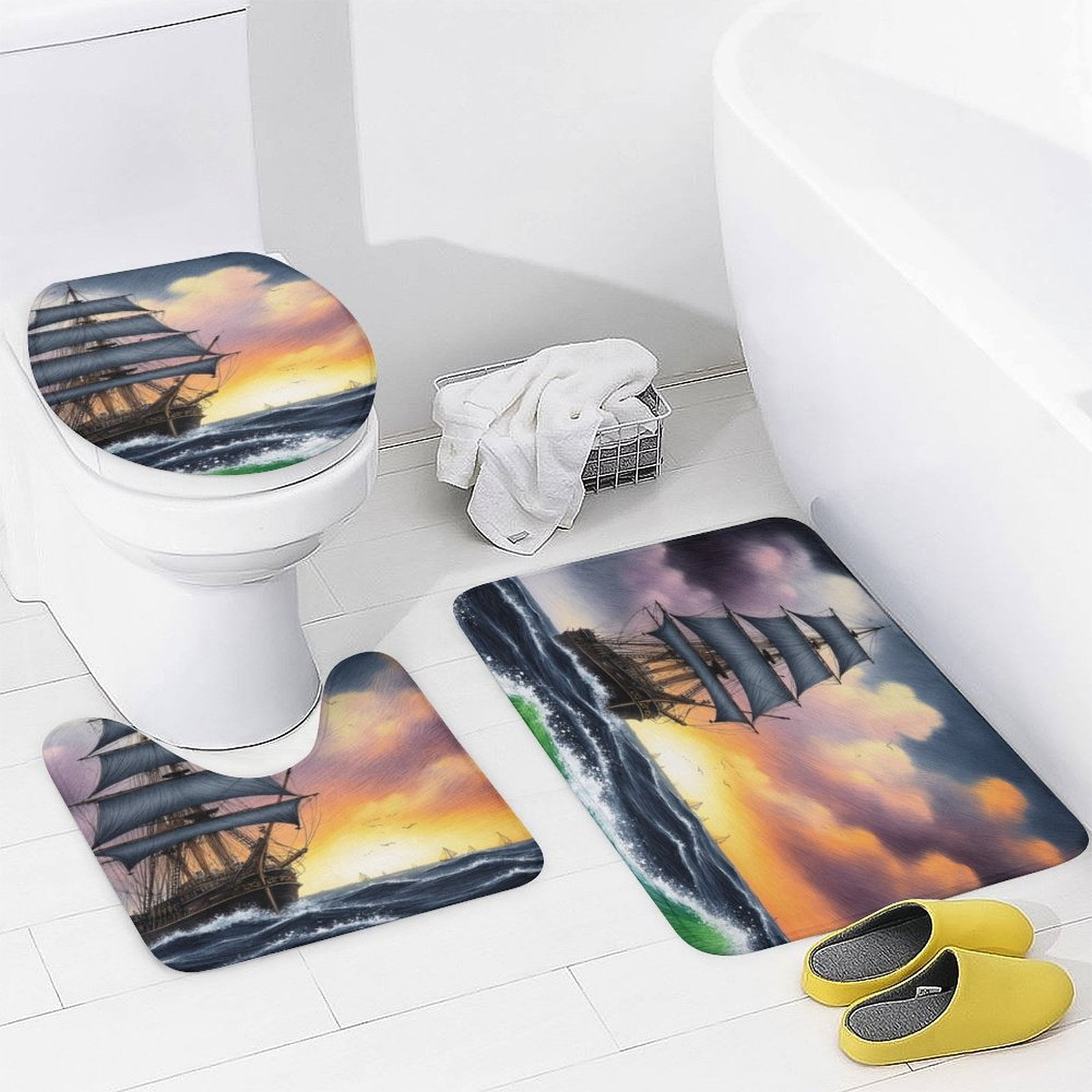 Sailing Ship at Sunset Bathroom Rugs Sets 3 Piece Toilet Lid Cover and ...