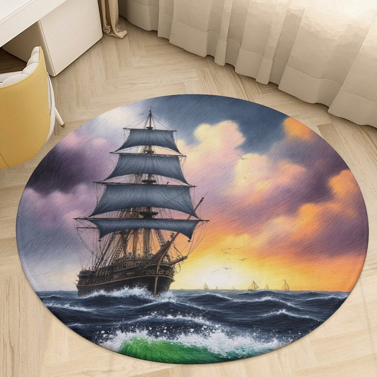 Sailing Ship at Sunset Round Area Rugs for Bedroom Living Room, 6FT ...