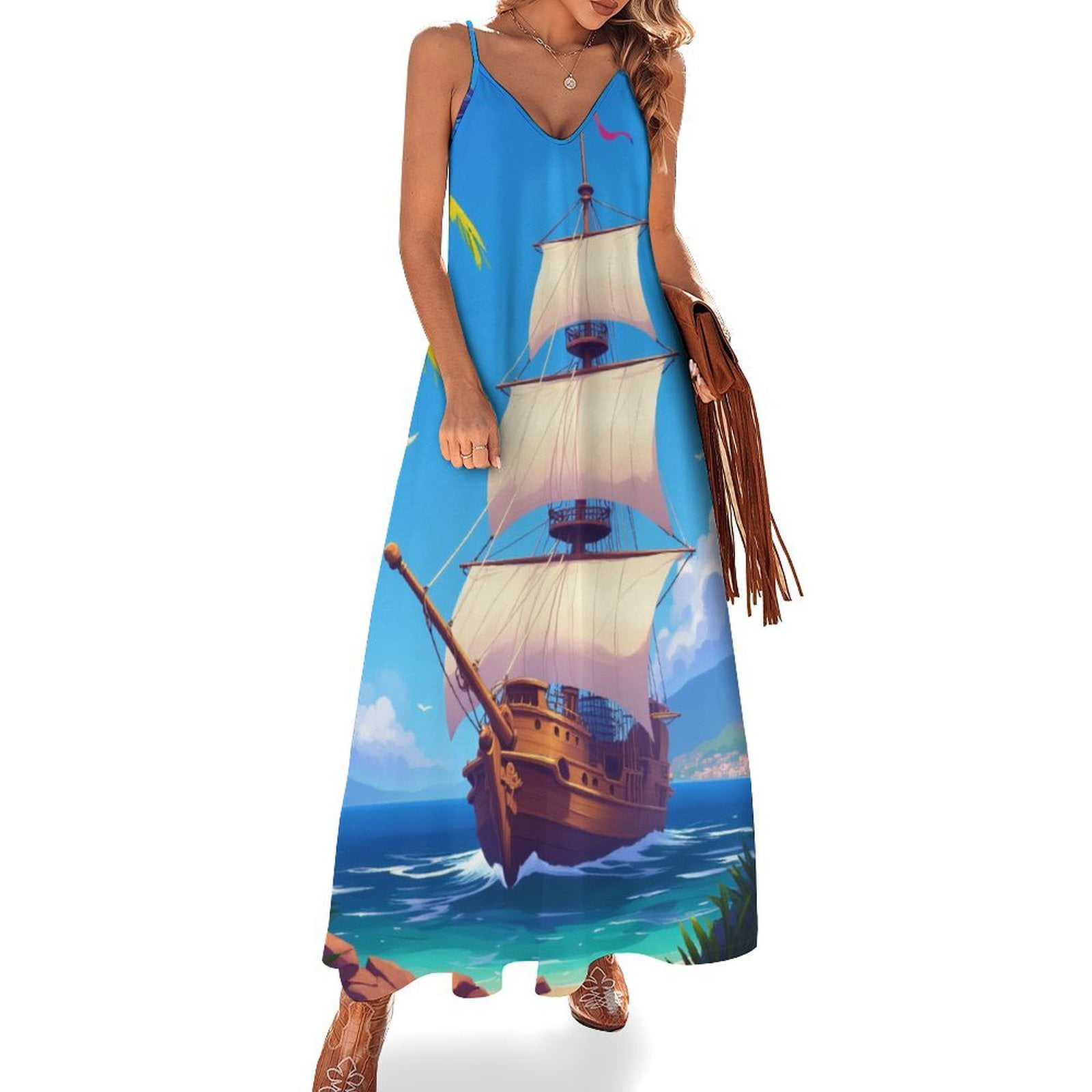 Sailing Ship on Tropical Beach Fine Art Sleeveless Dress Summer Dress ...