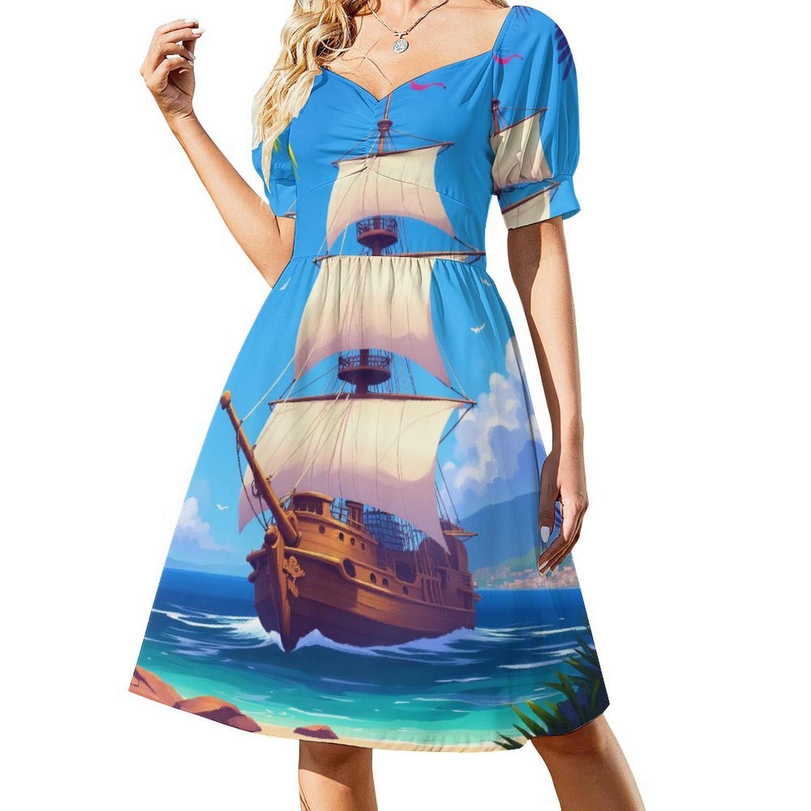 Sailing Ship on Tropical Beach Summer Women's Dress 2025 Elegant ...