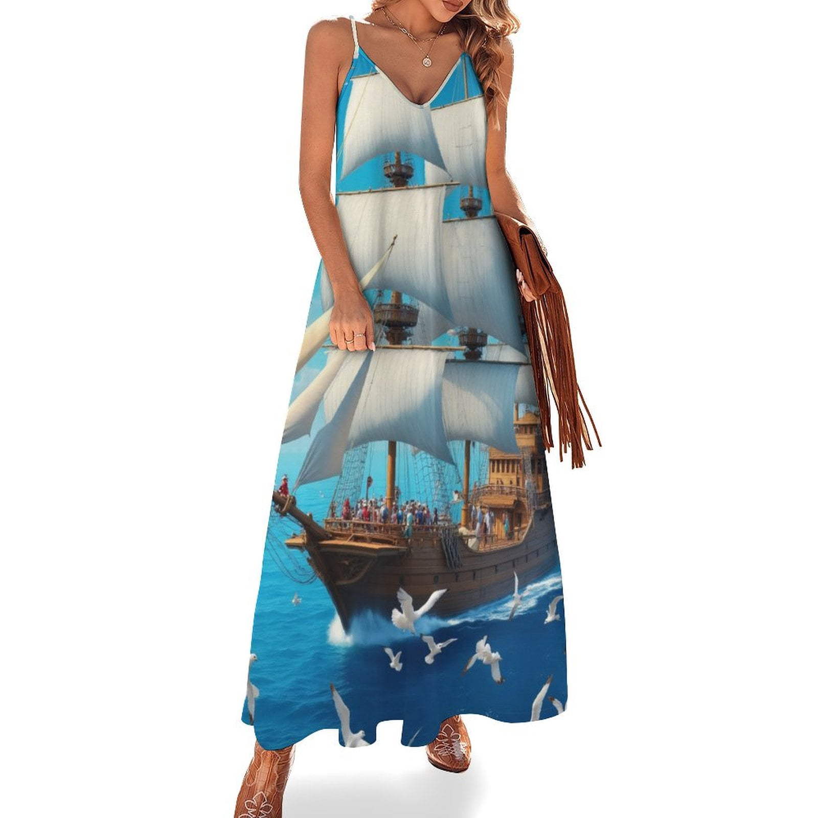 Sailing Ship with Seagulls Sleeveless Dress Women's Luxury Party Dress ...