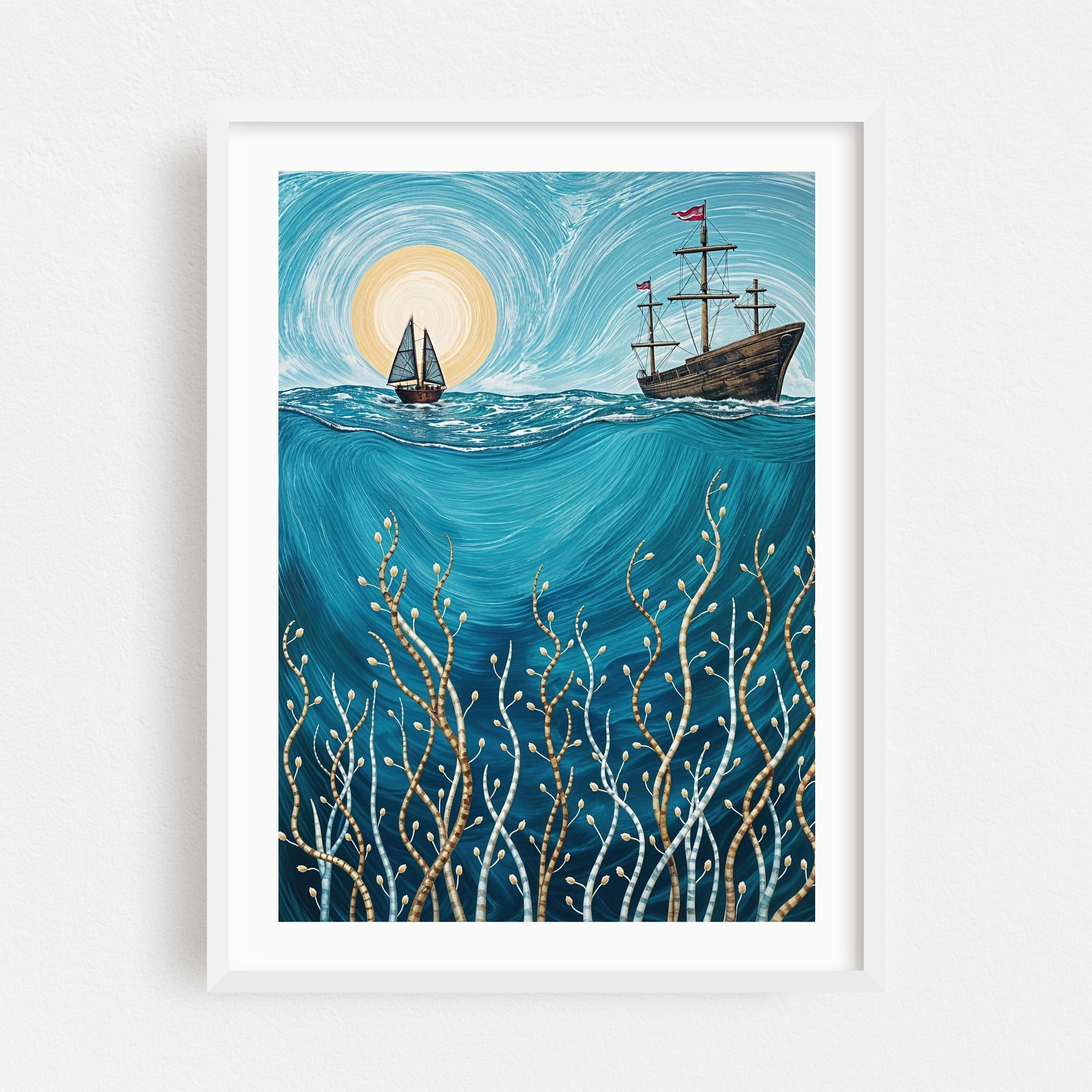 Sailing into the Deep - Painting Ocean Boat Waves Surrealism Vintage ...
