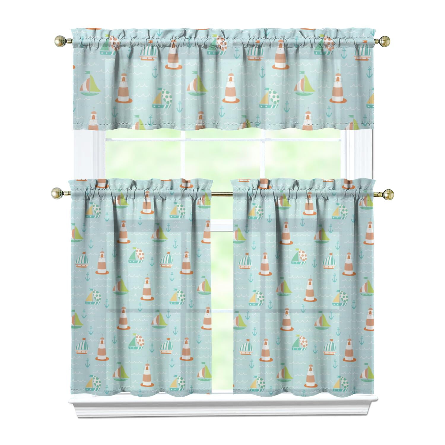 Sailor Inspired Nautical Curtains Set - 3-PC Blue & White Anchor & Wave ...