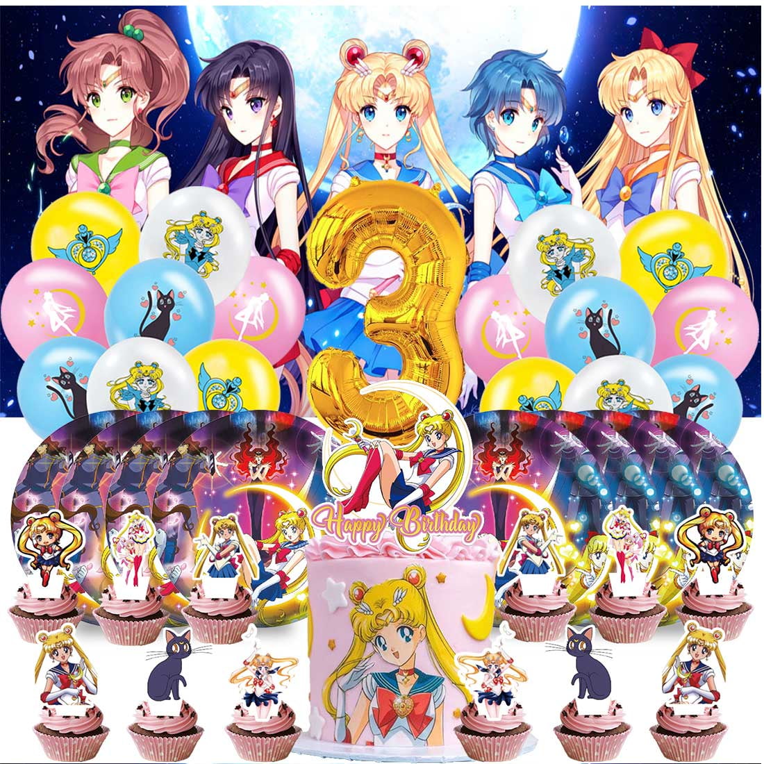 Sailor Moon Balloons Party Supplies 3rd Decor Tableware Birthday Cake ...