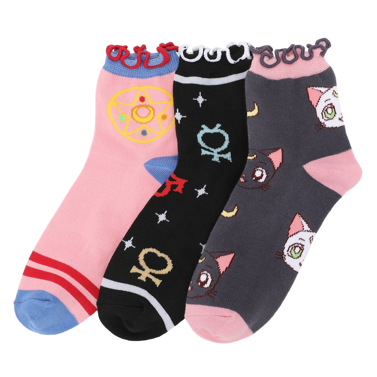 Sailor Moon Cosmic Symbols & Cats Women's 3-Pair Lettuce Edge Casual ...