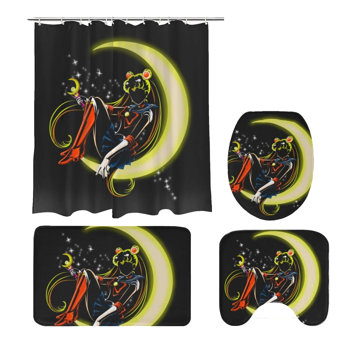Sailor Moon Cute Shower Curtain Set 4 Piece with Non-Slip Rugs, Toilet ...