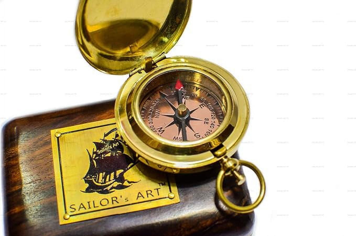 Sailor's Art Vintage Style Brass Pocket Compass with Wooden Box, Quote ...