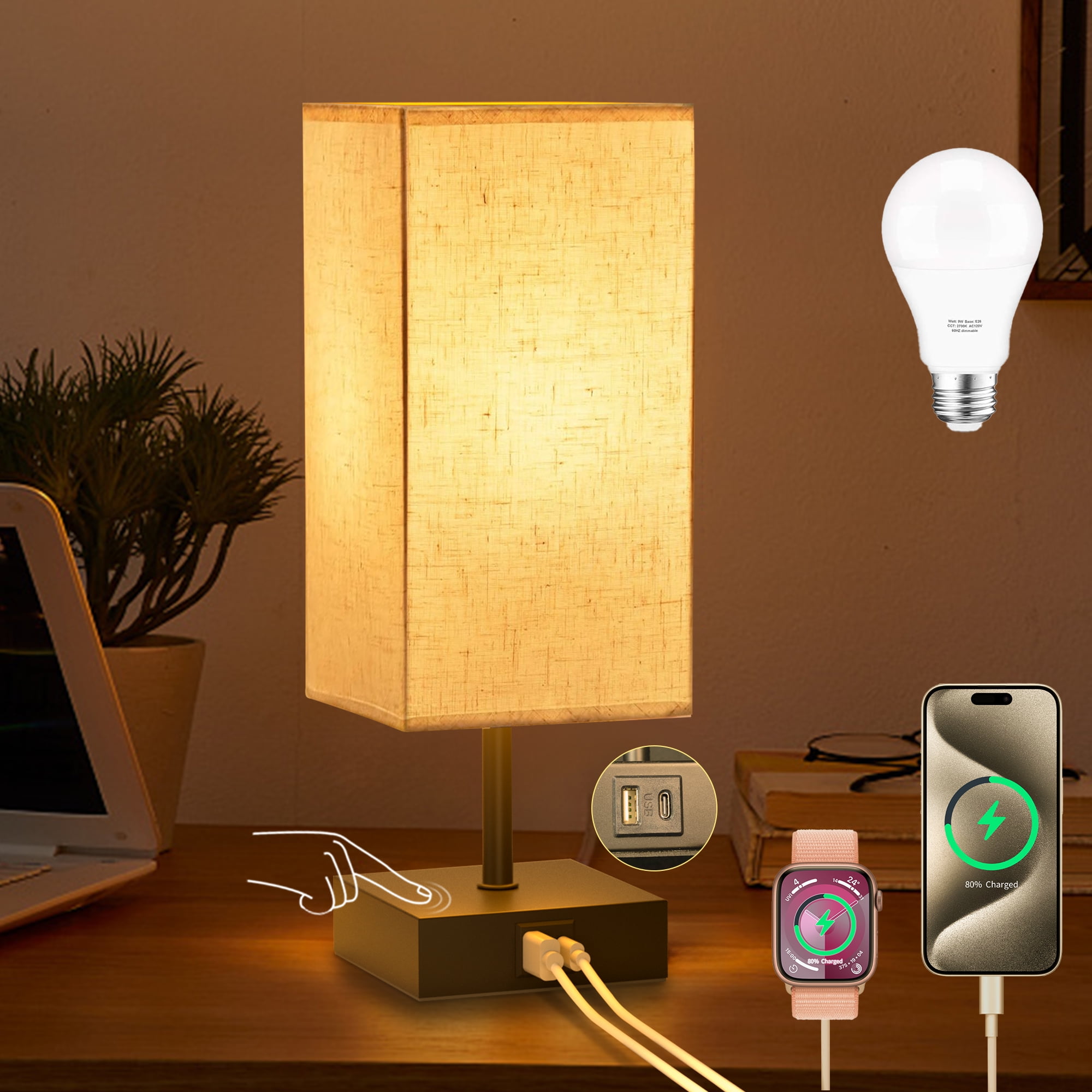 Sailstar Bedside Lamp with USB C+A Charging Ports, White Table Lamps ...