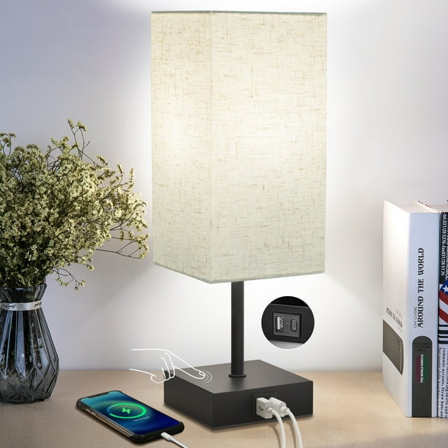 Sailstar Bedside Lamp with USB C+A Charging Ports, 3 Way Dimmable Touch ...