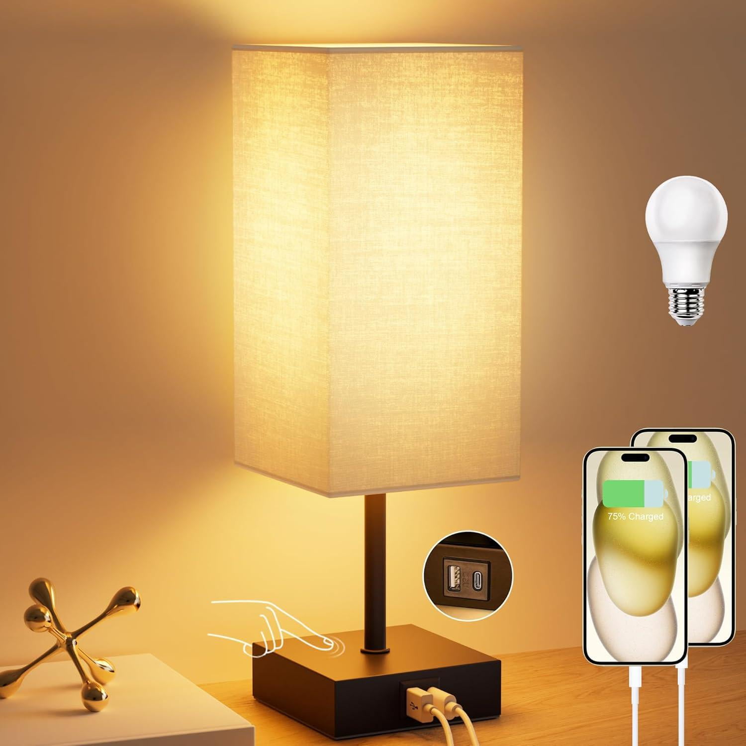 Sailstar Bedside Lamps, Table Lamp with USB C+A Charging Ports, 3 Way ...