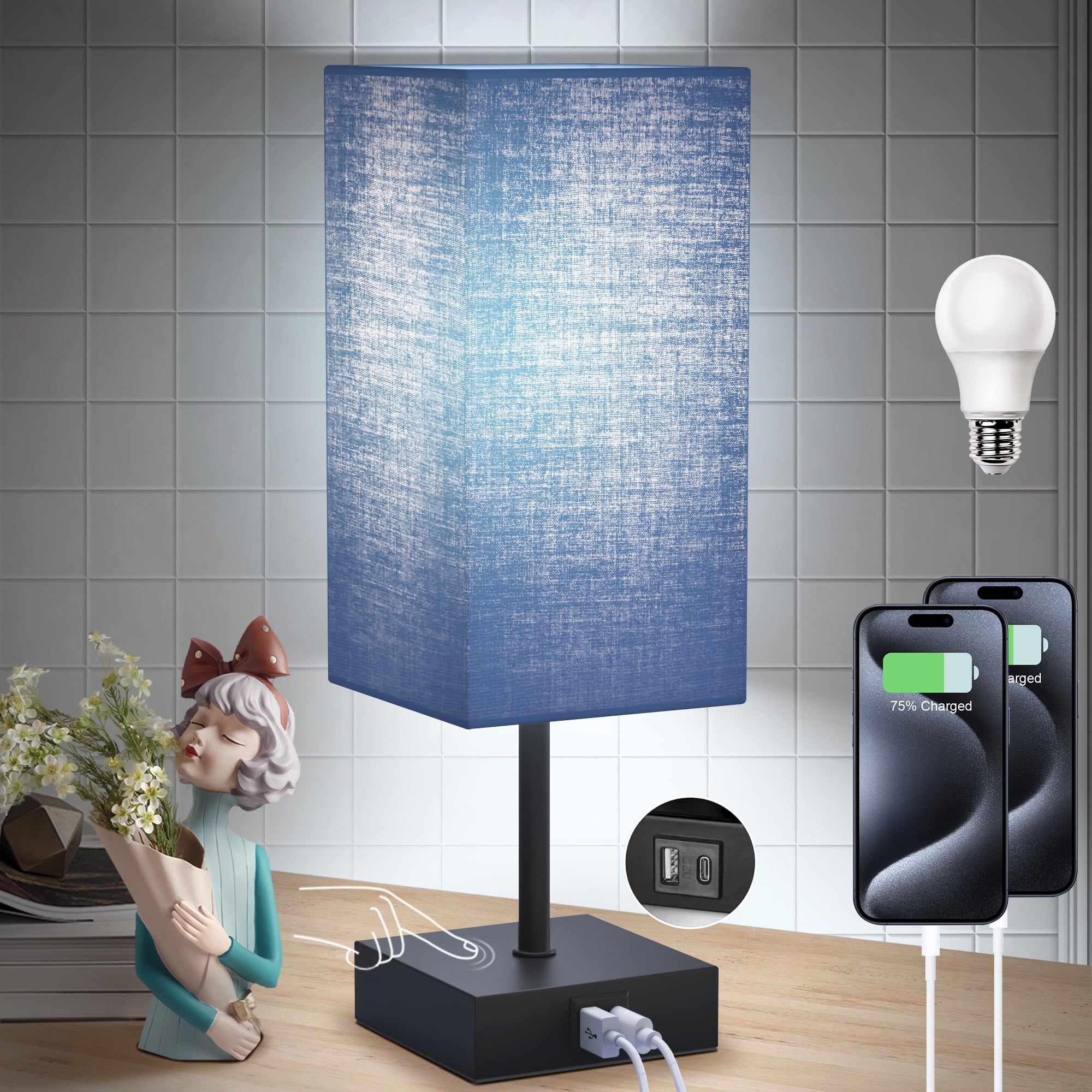 Sailstar Dimmable Nightstand Lamp, USB C+A Ports, Navy Blue, 5000k Warm ...