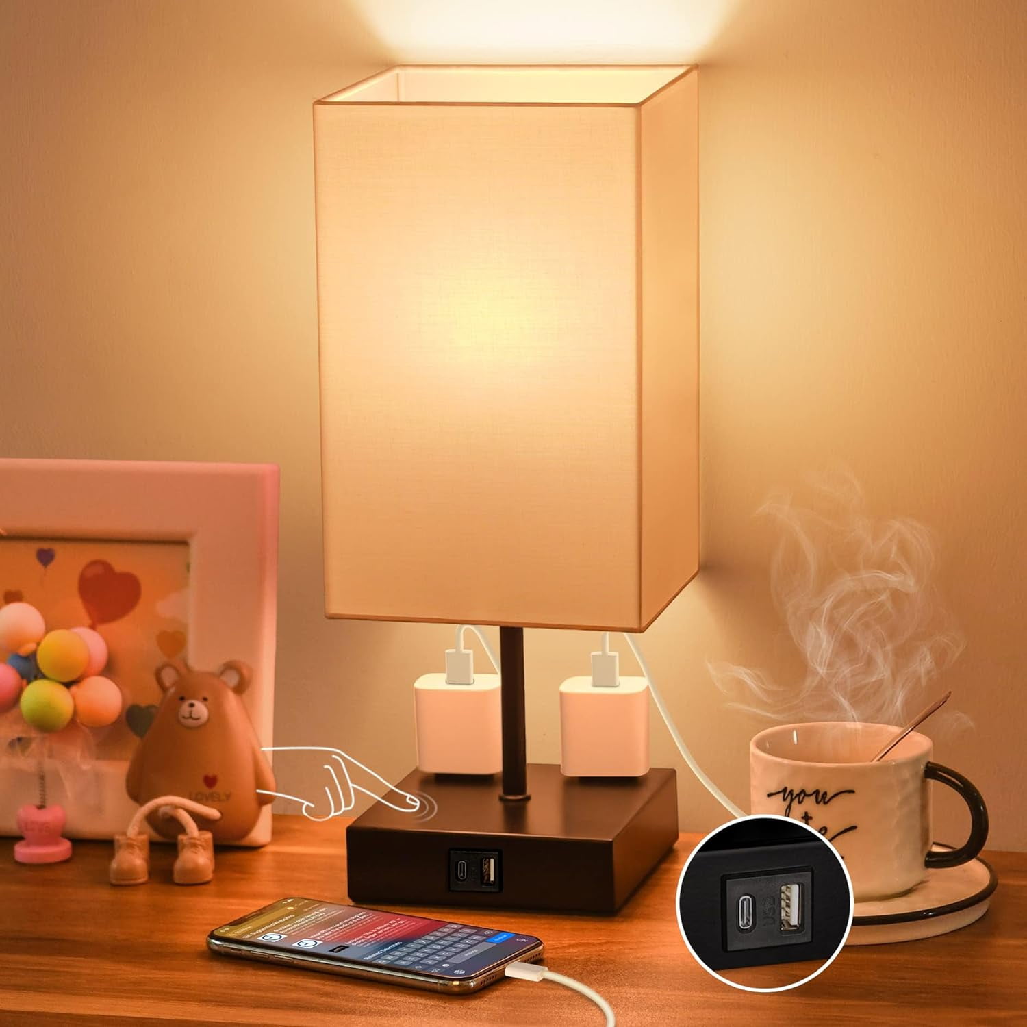 Sailstar Upgraded Bedside Lamp with USB C+A Charging Ports & 2AC ...