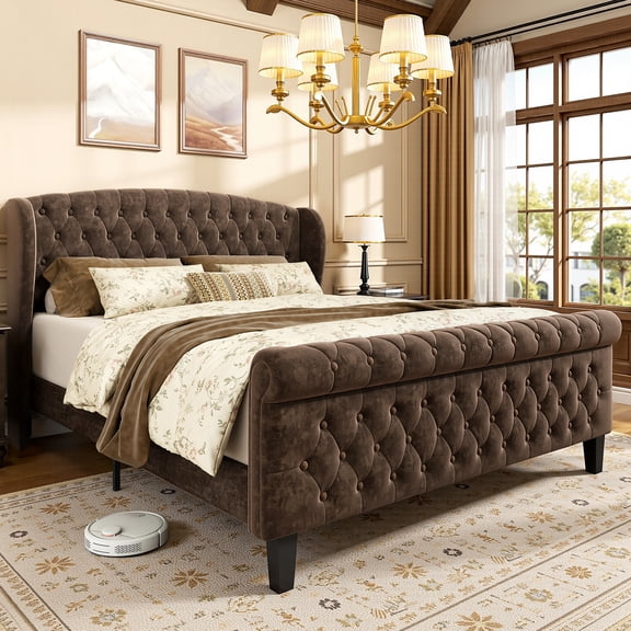 BedsPick Sleigh Queen Bed Frame with Wingback Headboard, Chenille ...