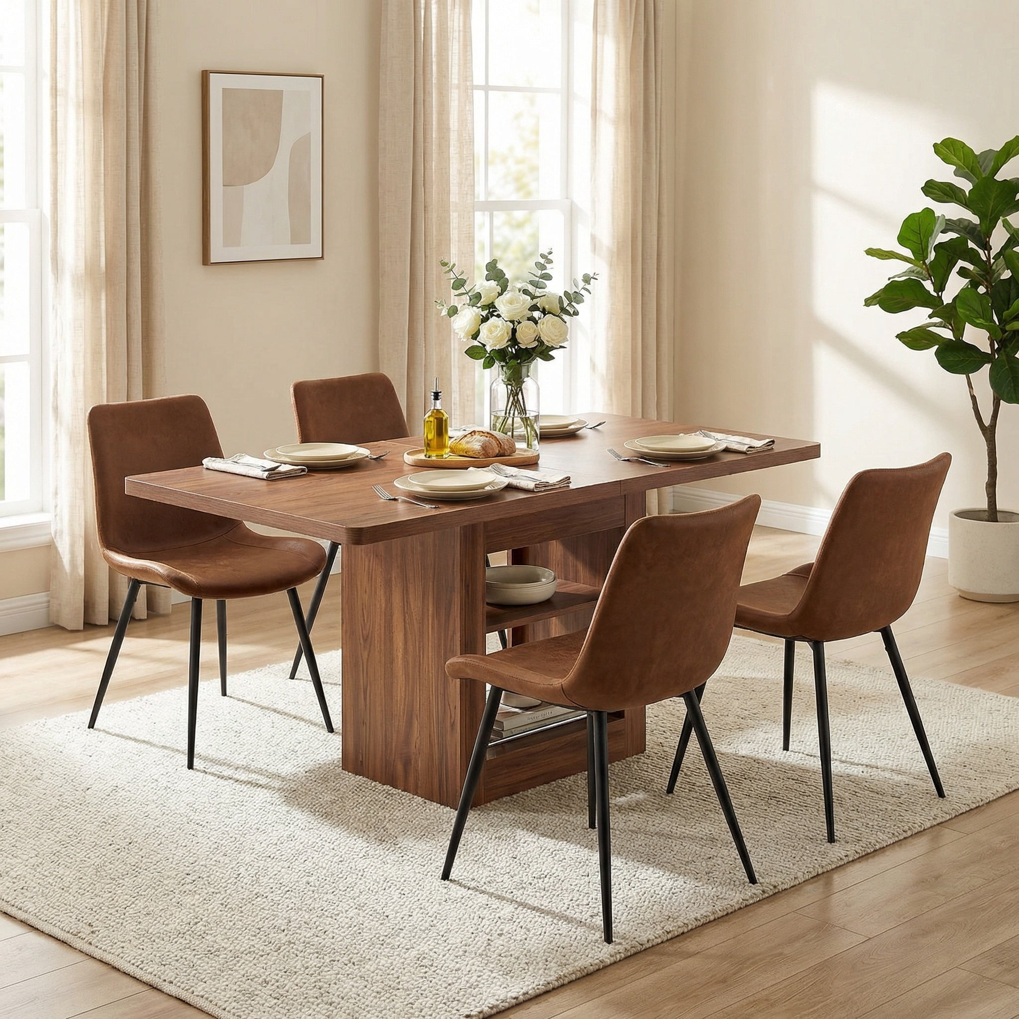 Sailvan Dining Set, 59-71 Inch Walnut MDF Table with Brown Tech-Fabric ...