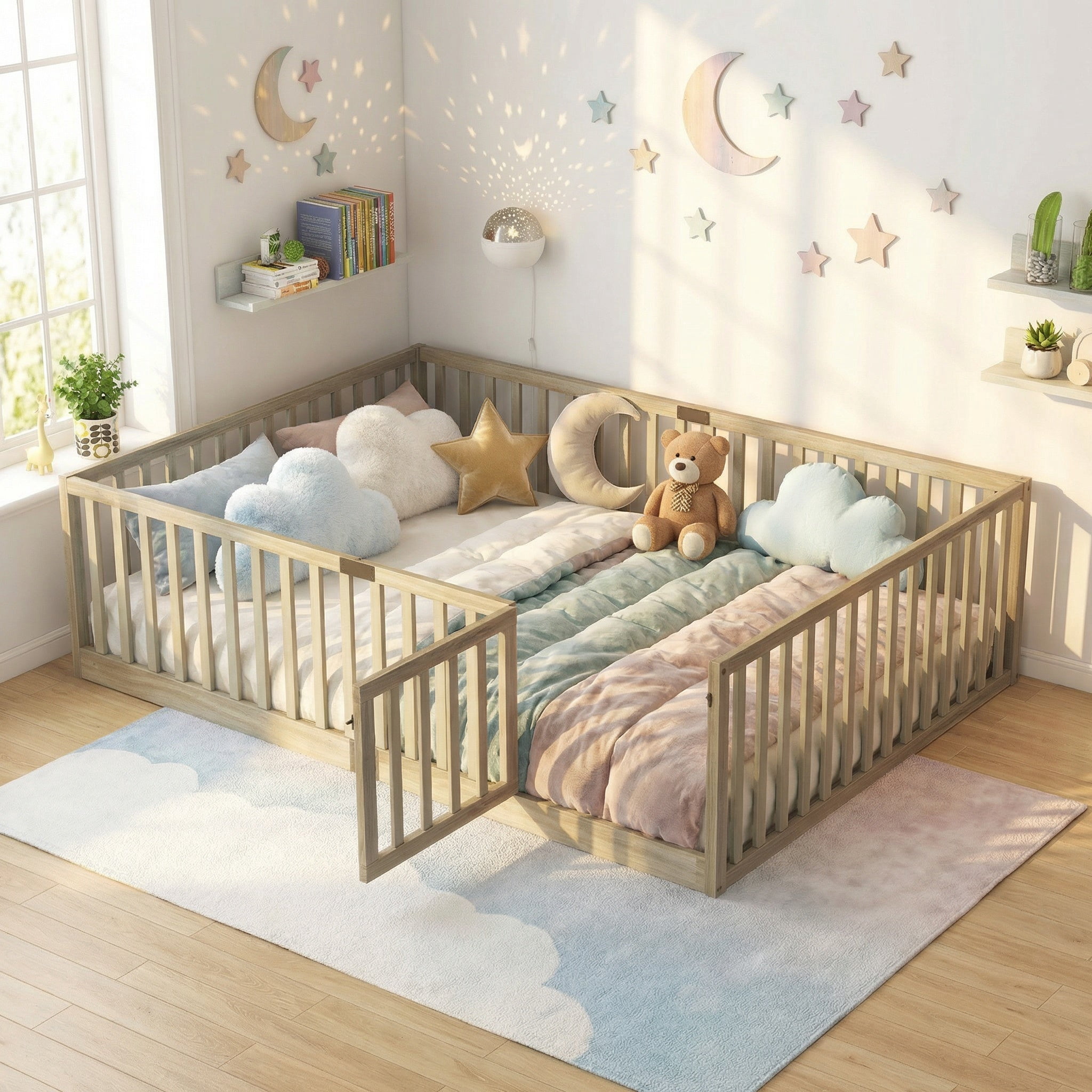 Sailvan Full Size Floor Bed with High Fence Railings, Door,6 Slats ...
