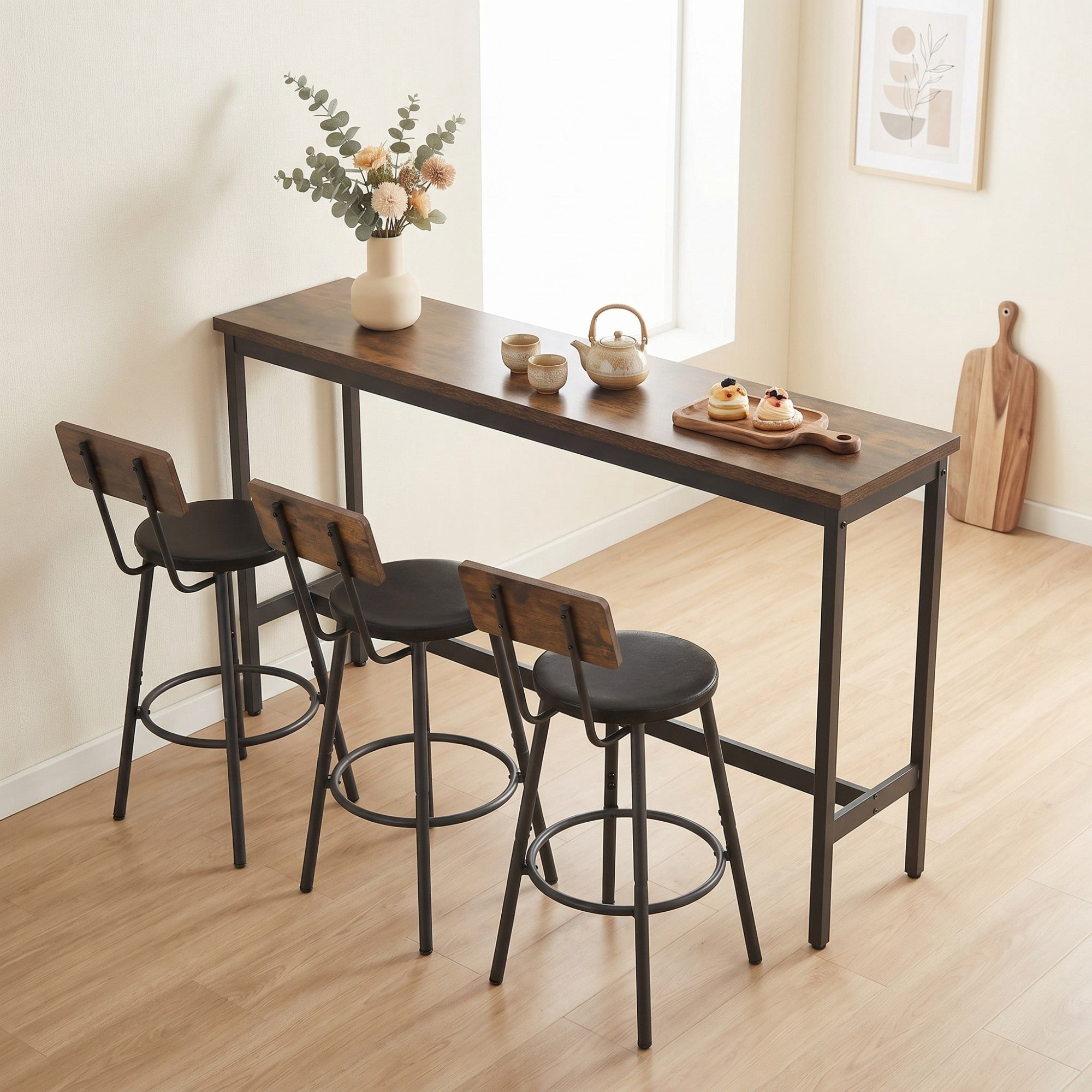Sailvan Long Bar Table Set with 3 PU Upholstered Stools, Industrial ...