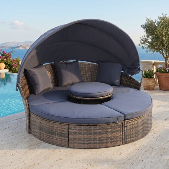 Sailvan Outdoor Sofa Bed Wicker Round Daybed with Retractable Canopy ...