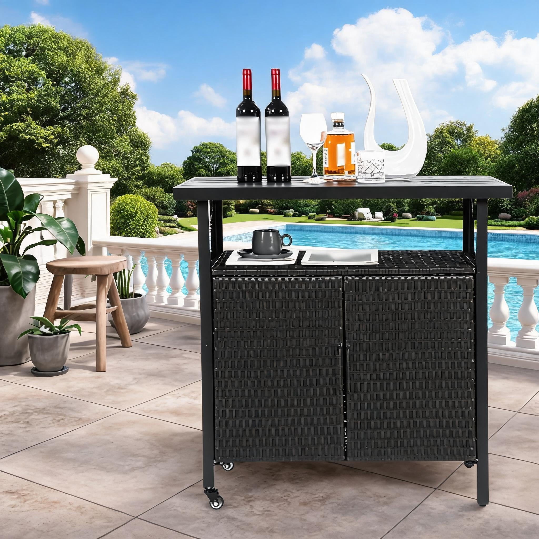 Sailvan Outdoor Wicker Bar Cart, Rolling Rattan Beverage Serving Cart ...