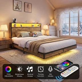 Sailvan Full Size Bed Frame, Wooden Headboard with LED Lights, USB ...