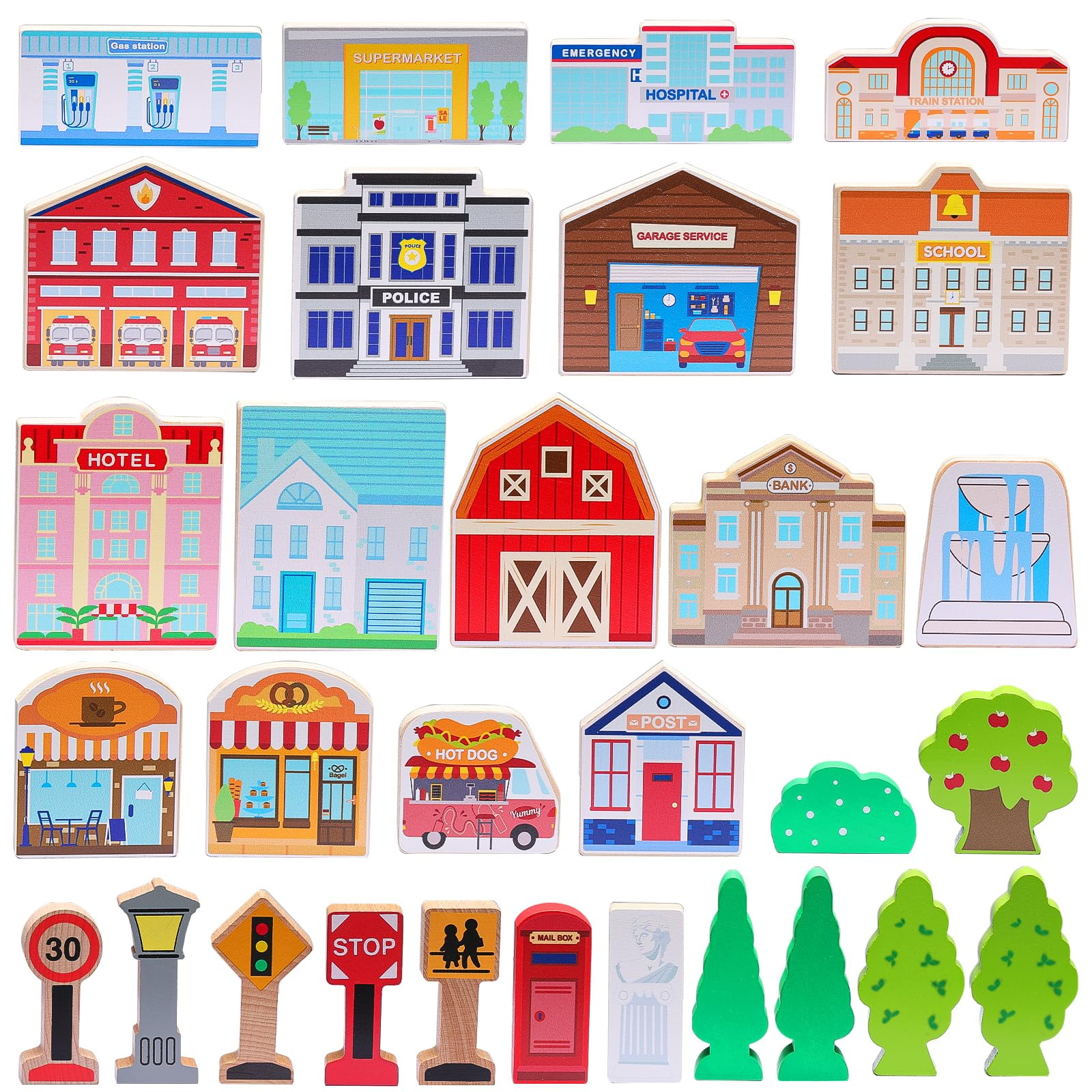 SainSmart Jr. 30 Pcs KEF16 Wooden Town Play Set, Wooden Train ...
