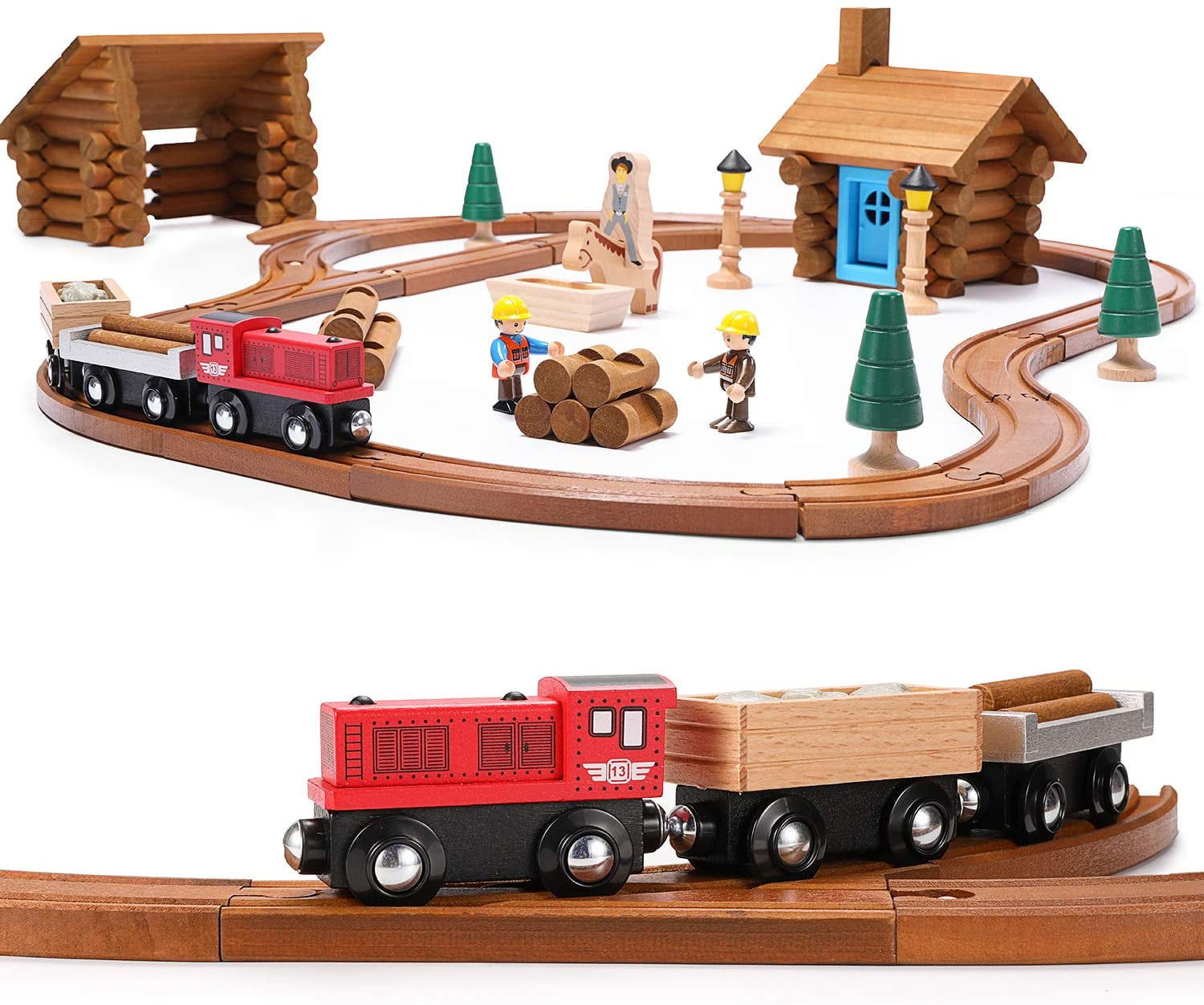 SainSmart Jr. Wooden Train 100pcs Set Log Cabin Toddler Building Blocks ...