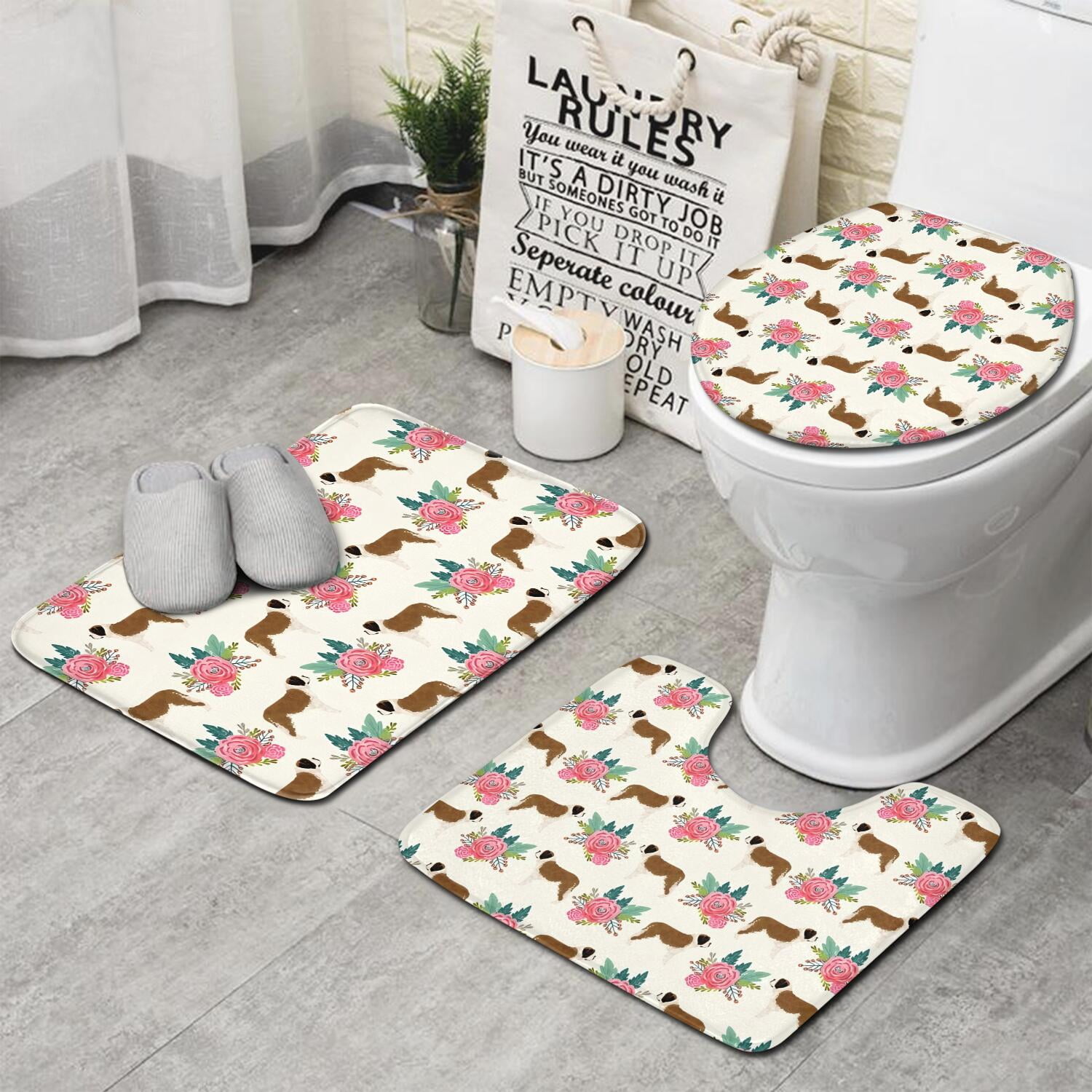 Saint Bernard Dog Breed and Flower Floral Bathroom Rugs Sets 3 Piece ...