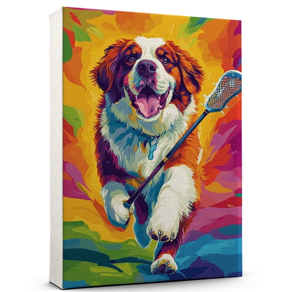 Saint Bernard Dog Playing Lacrosse Stretched Canvas Size 8x12 – Vintage ...