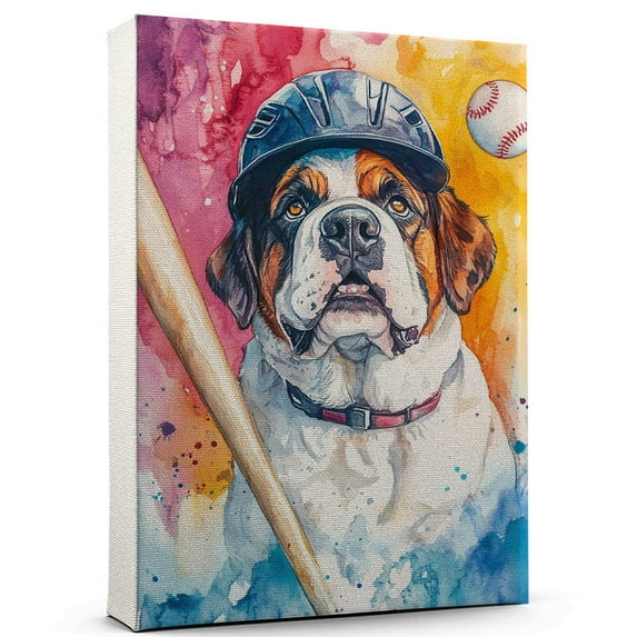 Saint Bernard Dog Stretched Canvas Size 8x12 – Baseball Theme Dog Art ...