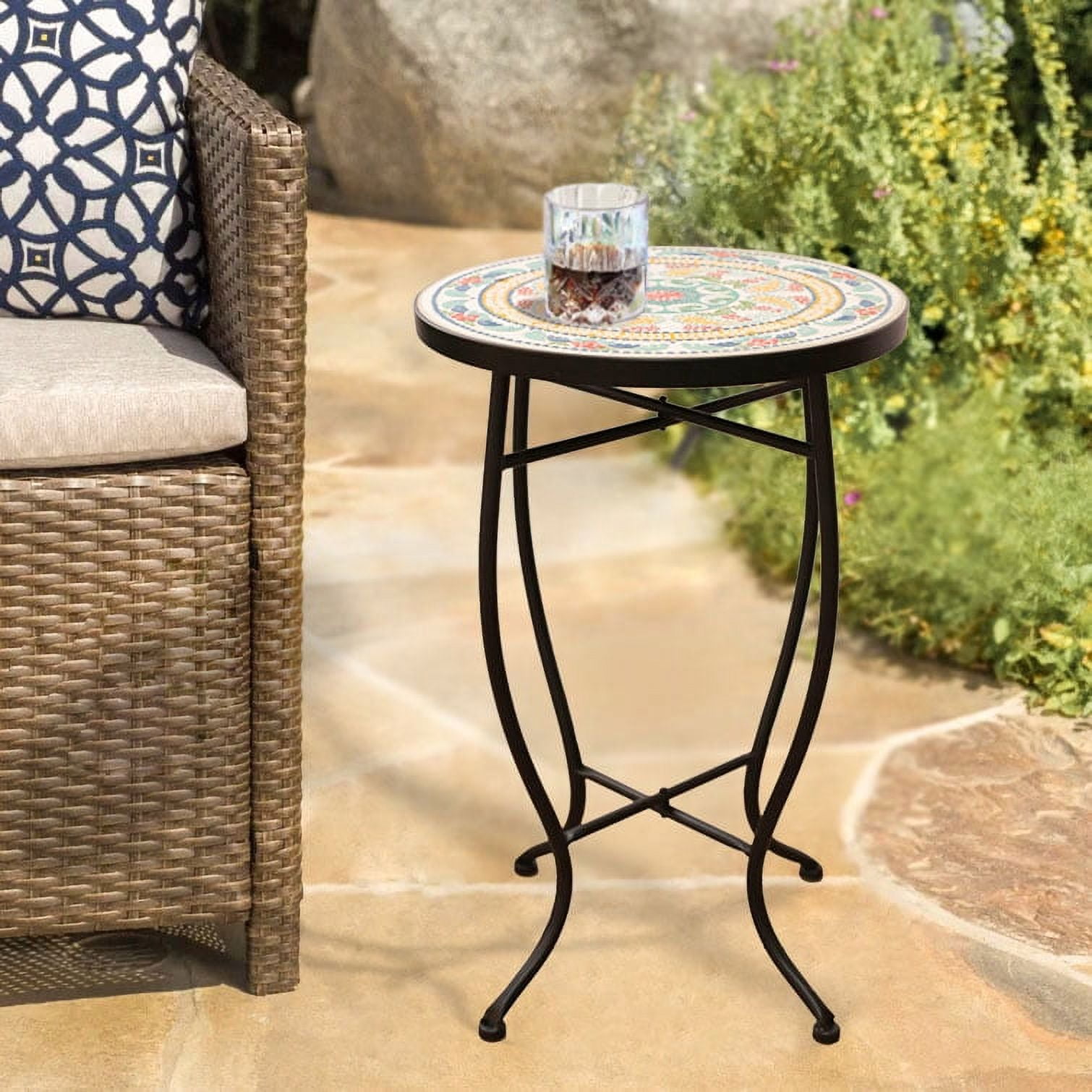 Saint Birch Black Metal Accent Table with Floral Medallion Mosaic ...