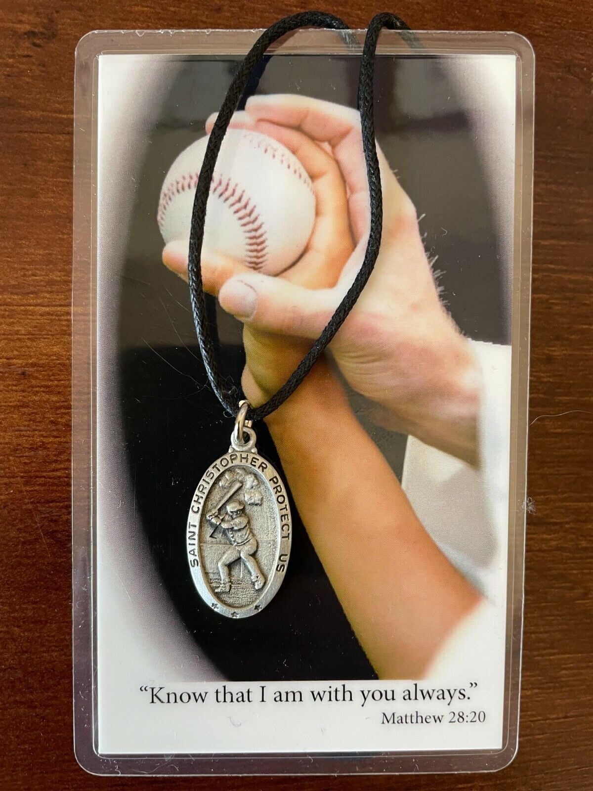 Saint Christopher Baseball Medal Cord Necklace with Laminated Prayer ...