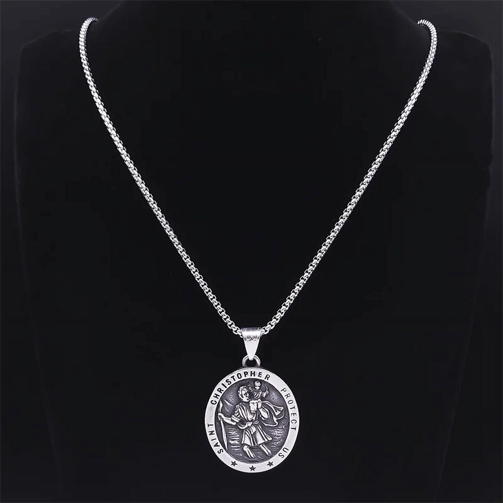 Saint Christopher Protect Us Cross Medal Necklace 14K White Gold ...