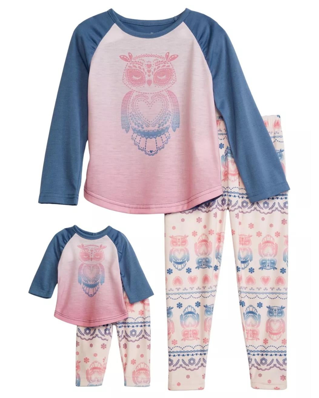 Saint Eve Girls 2 Piece Pajama Set with Matching Doll Set, Owl, Size ...