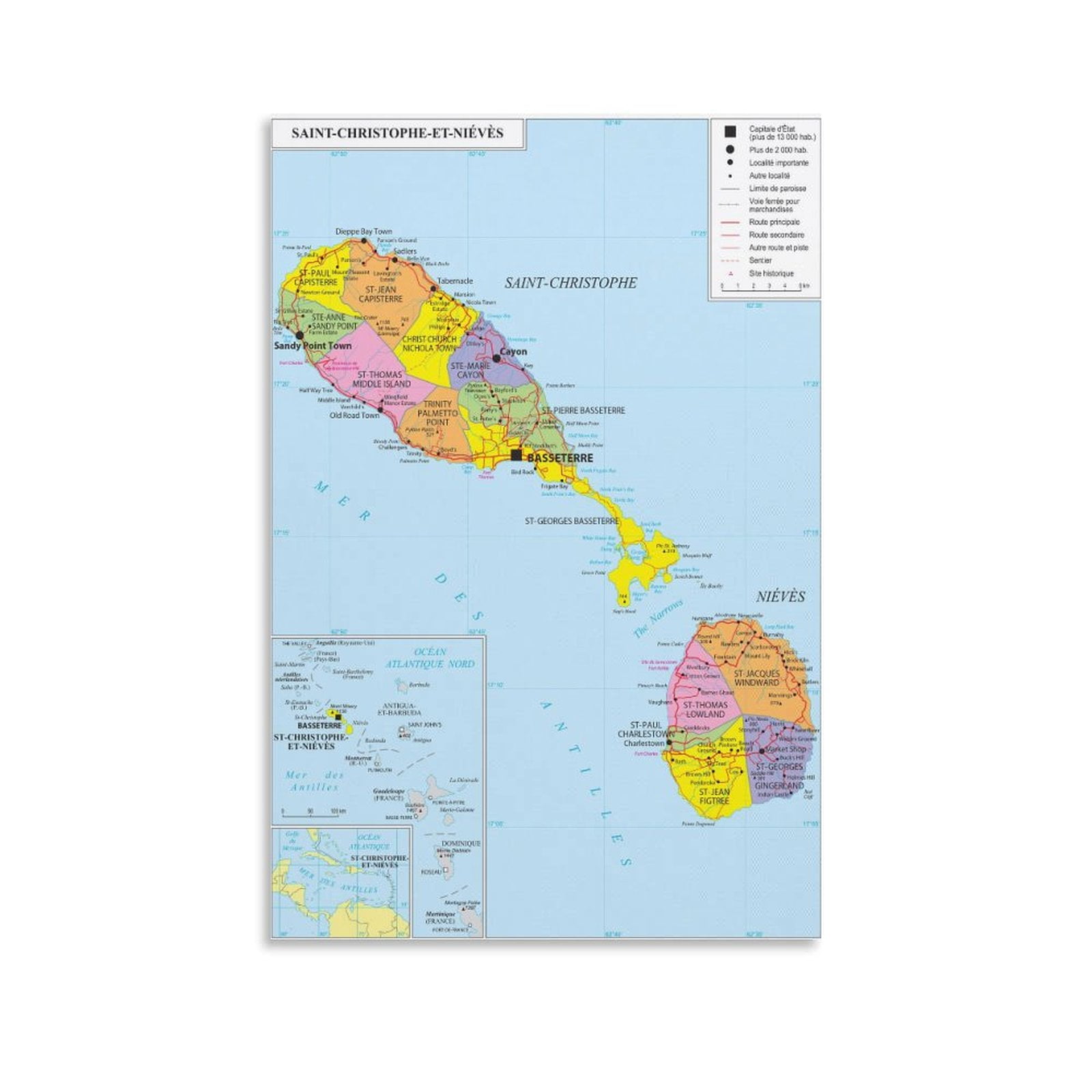 Saint-Kitts-and-Nevis Map Posters Posters Art Print Wall Photo Paint ...