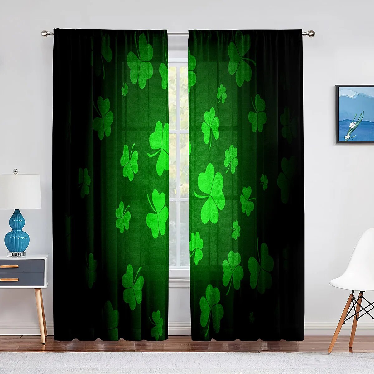 Saint Patrick Day Green Clover Four Leaf Sheer Voile Curtain for Living ...