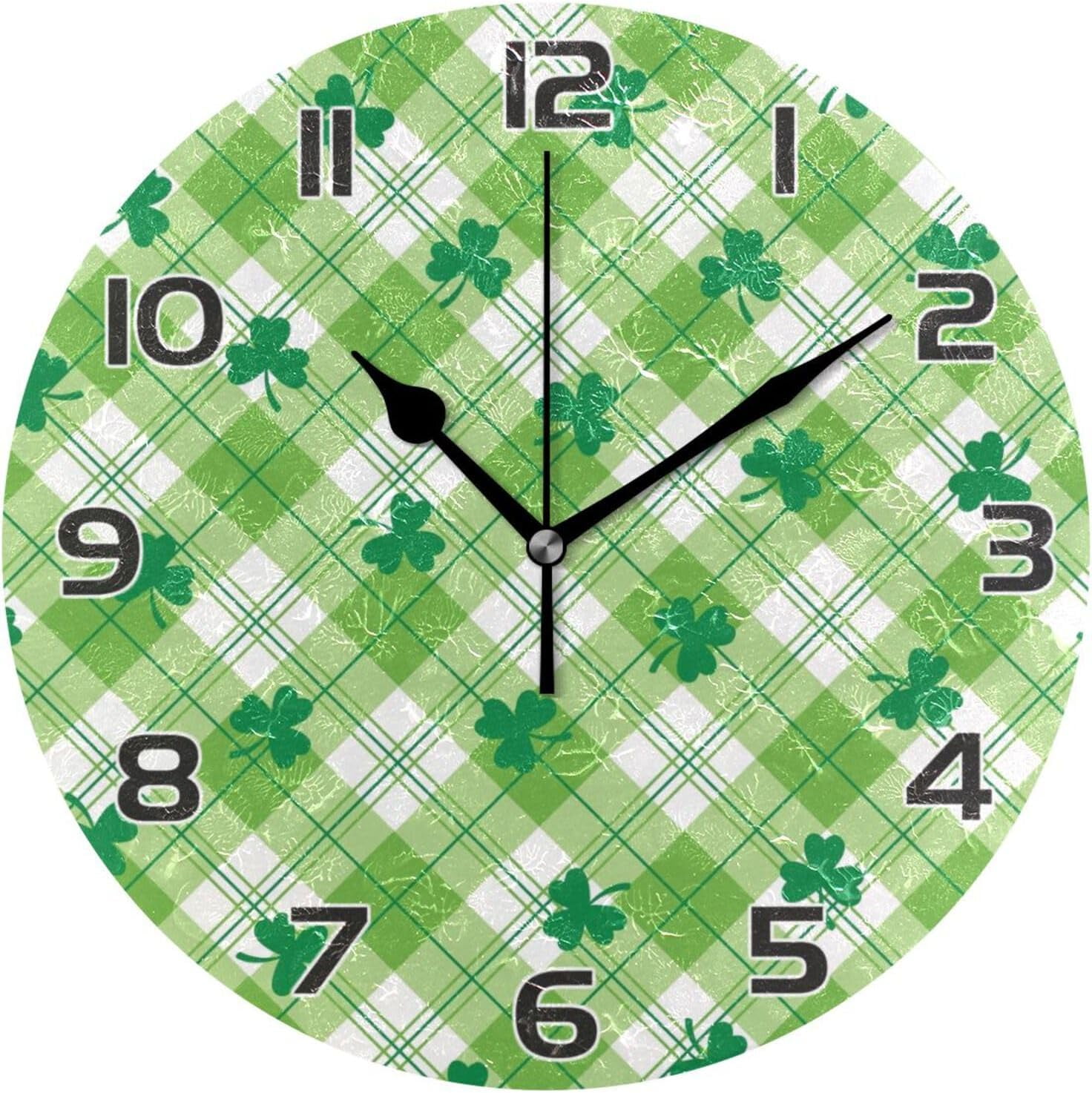 Saint Patrick Plaid Wall Clock Round Vintage Silent Non Ticking Battery ...