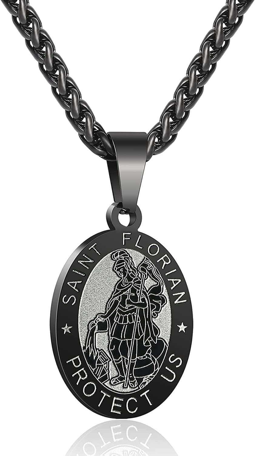 APSVO Black Saint St Florian Medal Necklace Pendant for Men 24 Inch ...