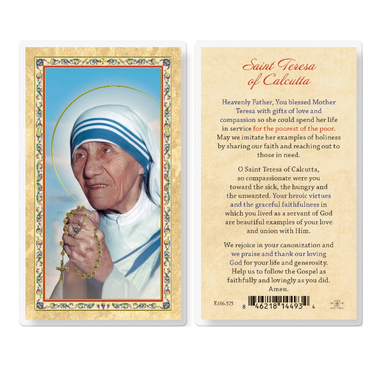 Saint Teresa Of Calcutta With Prayer Gold Stamped Laminated Catholic