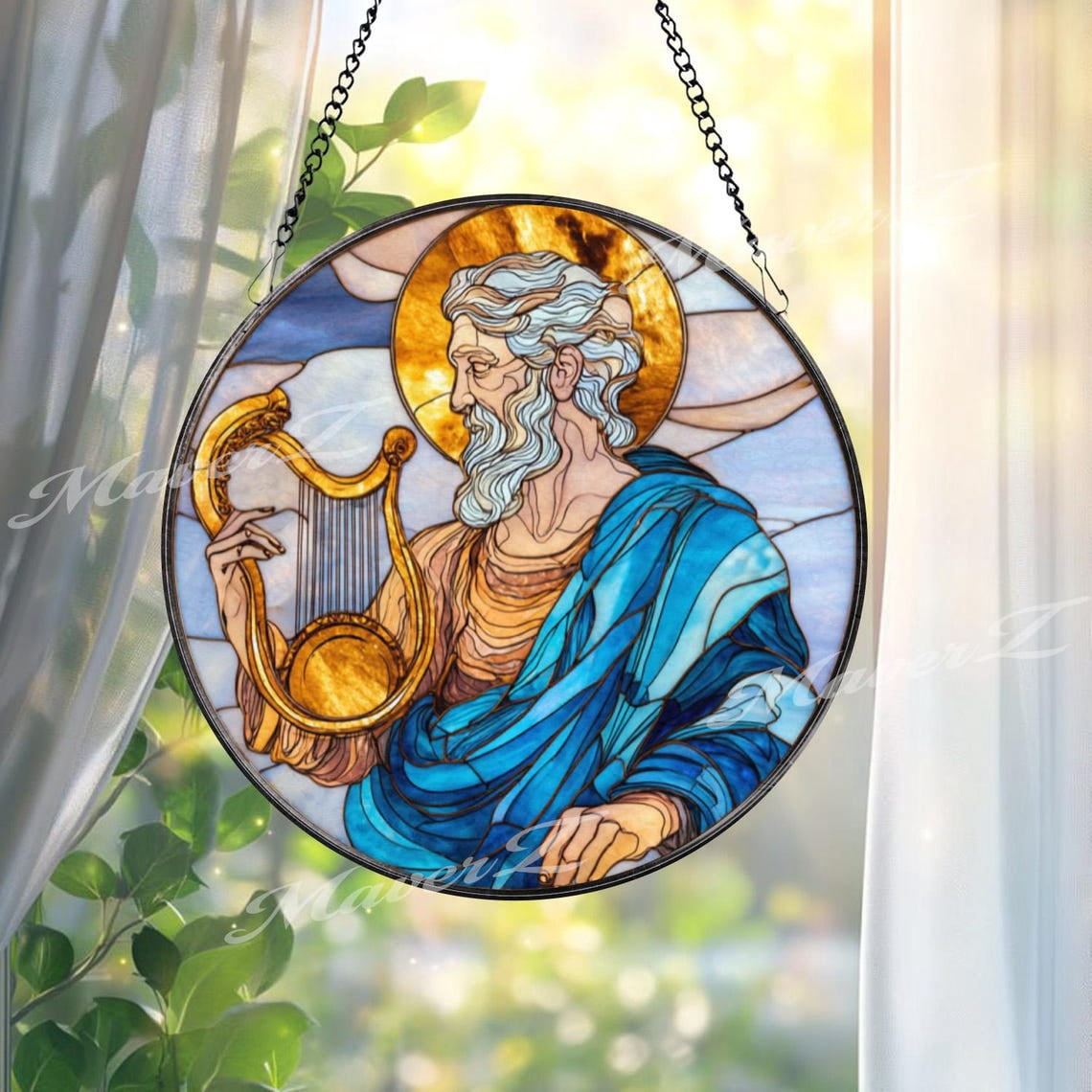 Saint with Harp Glass Suncatcher, Round Religious Window Panel ...
