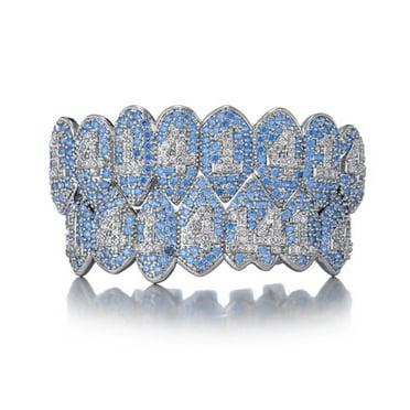 Saintda Real Mouth Diamond Tooth Grillz Set, Top & Bottom, Silver, AAA ...