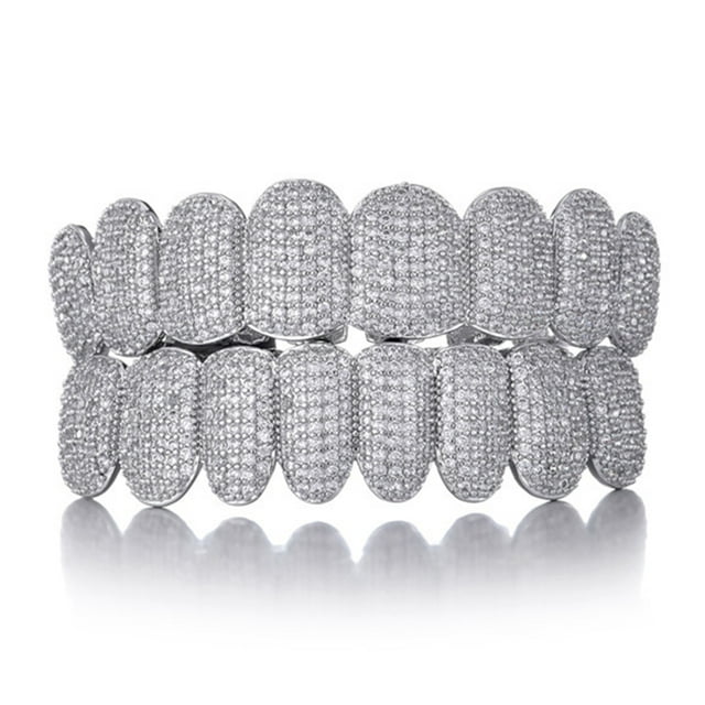 Saintda Real Mouth Diamond Tooth Grillz Set, Top & Bottom, Silver, AAA ...